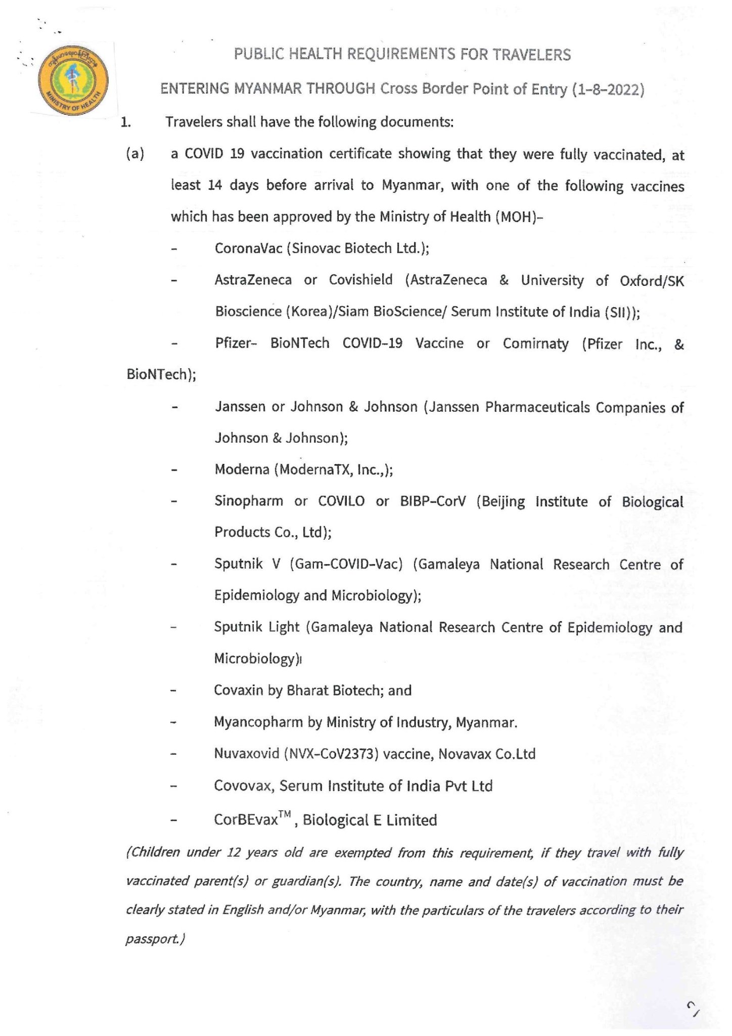 Public Health Requirements For Travellers Entering Myanmar Through public-health-requirements-for-travellers-entering-myanmar-through